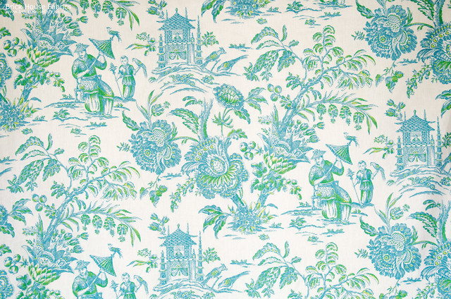 Oriental Chinoiserie toile fabric pagoda turquoise blue green - Asian ...