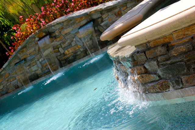 Pool and Spa - Stacked Stone Wall Water Features pool